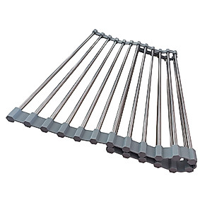 Roll Up Dish Drying Rack 14.5”(L) x 14”(W) Stainless Steel and Silicone Dish Drying Mat Over The Kitchen Sink Foldable Drain Rack Multipurpose Dish Drainer Fruits and Vegetable Rinser (Gray)