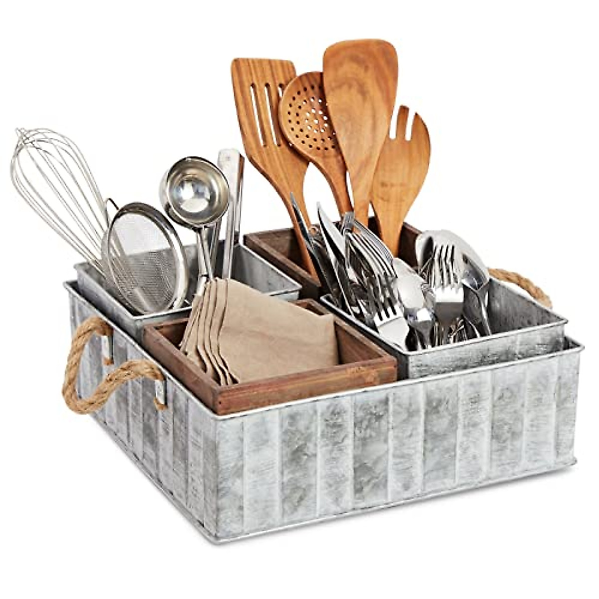 Farmlyn Creek 5 Piece Galvanized Metal Tray with Dividers and Removable Wooden Storage Boxes, Rustic Kitchen Decor (13 x 5 In)