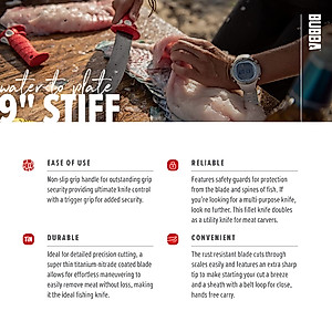 Bubba 9 Inch Stiff Fillet Knife with Non-Slip Grip Handle, Full Tang Beveled Sushi Style Stainless Steel Non-Stick Thick Blade, Lanyard Hole and Synthetic Sheath for Fishing, Hunting and Cooking