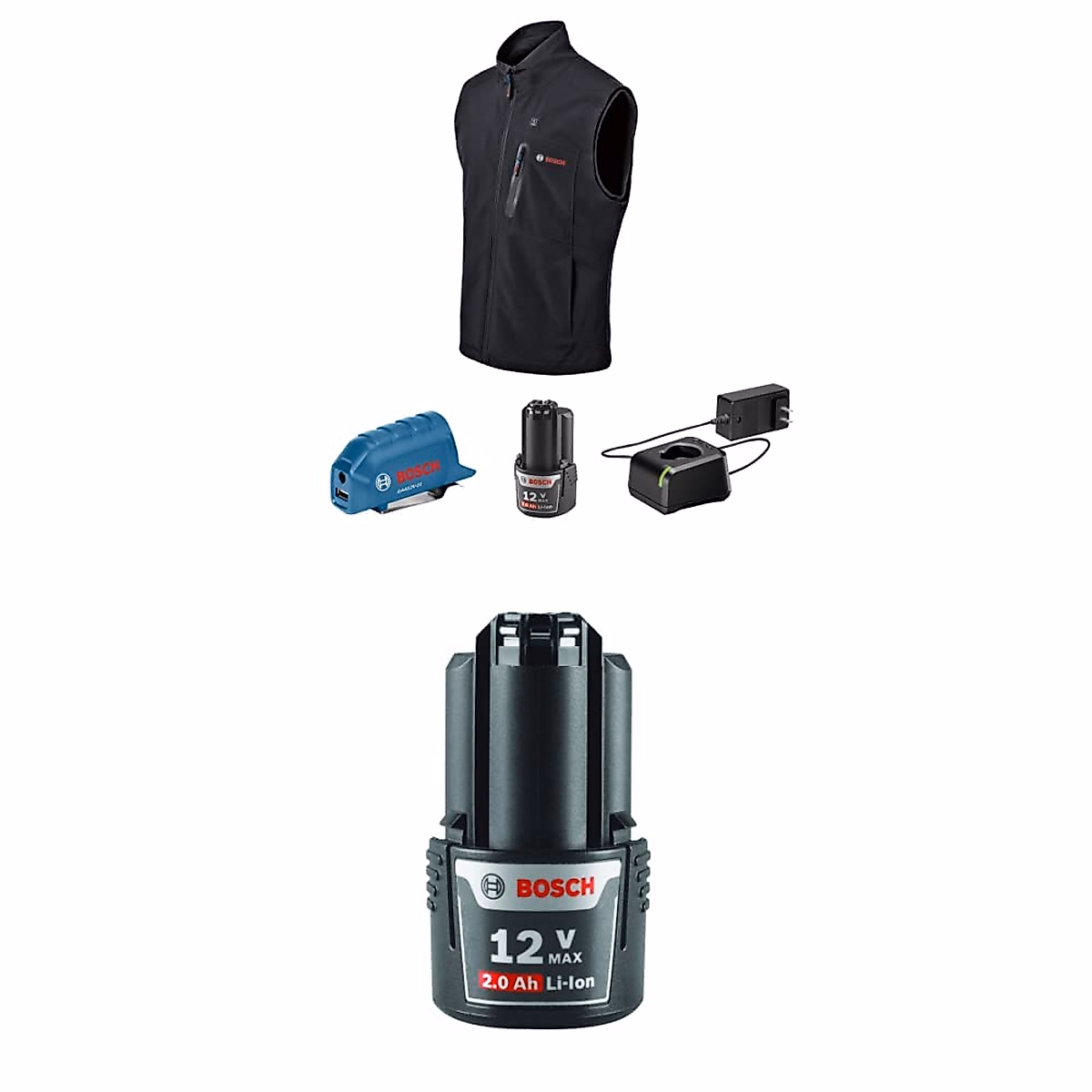 BOSCH 12V Max Heated Vest Kit with Portable Power Adapter & Bosch 12 Volt Lithium Ion- Battery