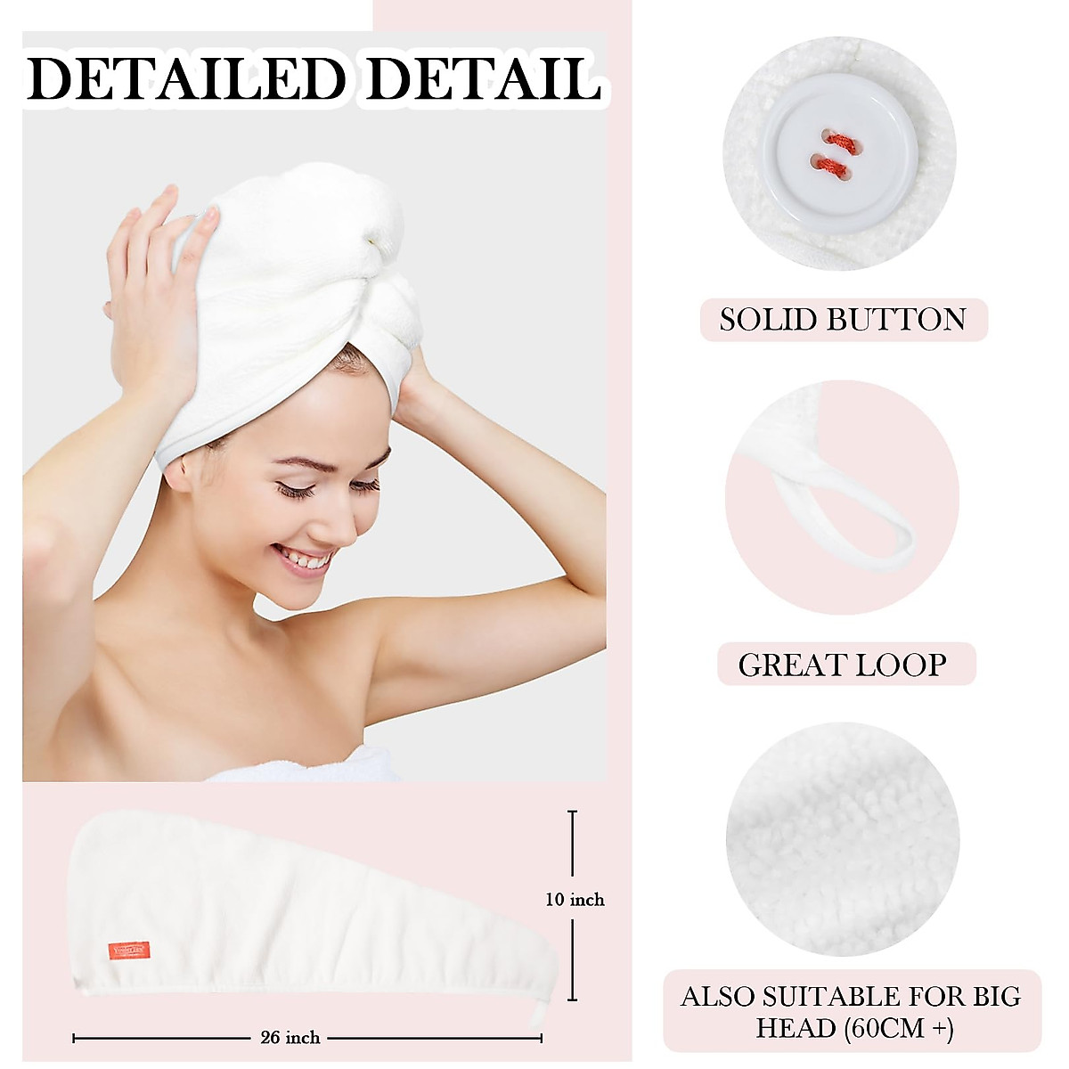 YoulerTex Microfiber Hair Towel Wrap: Women 2 Pack 10 inch X 26 inch, Super Absorbent Quick Dry Hair Turban for Drying Curly Long & Thick Hair (Peachy Beige+White)