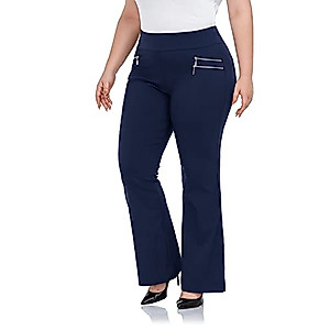 Inno Plus Size Dress Pants Women Bootcut Dress Pants Stretchy High Waisted Pull-on Slacks with Zipper Pockets Business Casual Work, Navy, XXL, 28" Inseam