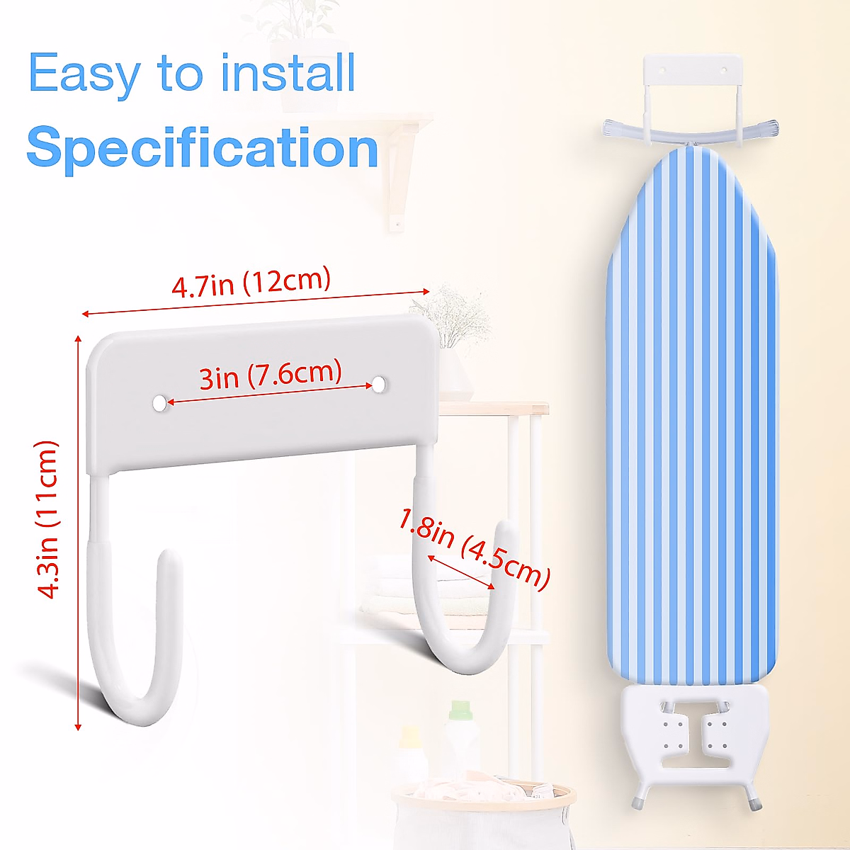 RIUOTA Ironing Board Wall Mount Ironing Board Hanger Wall Mount for Laundry Rooms,White