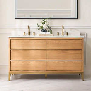 WELLFOR 60" Bathroom Vanity with Sink, Freestanding Wooden Bathroom Makeup Cabinet W/ 6 Soft-Close Drawers and Backsplash, Solid Wood Frame Bathroom Vanity (Light Oak)
