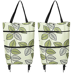 LOGOFUN 2 Pcs Folding Shopping Bag Collapsible Trolley Bags with Wheels Portable Reusable Grocery Bags (Leaf)