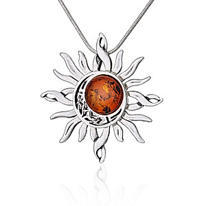 AMBEDORA Women's 925 Silver Oxidised Round Baltic Amber Celtic Sun & Moon Pendant on a Chain with a Snake Chain Gift Set