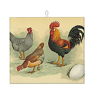 Italian Chickens Printed Drying Mat For Kitchen Ultra Absorbent Microfiber Dishes Drainer Mats Non-Slip Silicone Quick Dry Pad - 18 X 16inch
