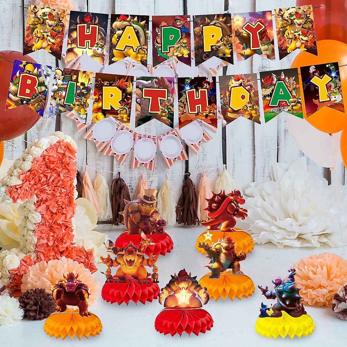 8Pcs Bowser Birthday Party Supplies, Mario Bowser Theme Table Decorations, Honeycomb Centerpieces 3D Double Side for Mario Bowser Fans Boys Girls