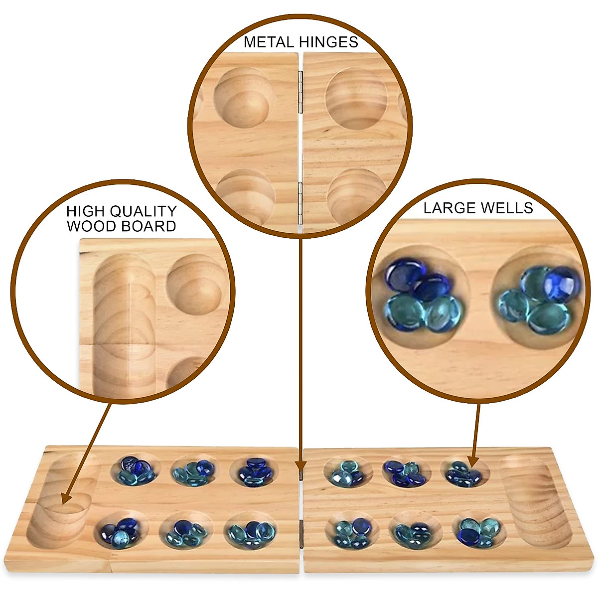 Gamie Wooden Mancala Board Game Set - Foldable Mancala with 48 Color Stones - Classic 2 Player Games for Adults and Kids with Instructions - Travel Board Games for Road Trips or Long Flights