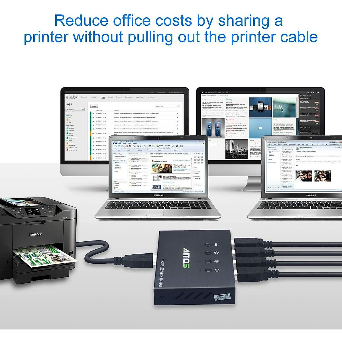 USB Switch Selector 4 Port, AIMOS USB KVM Switcher 4 Computers Sharing 4 USB Devices One-Button Swapping, for Share Mouse, Keyboard, Printer, Scanner, with 4 USB Cables