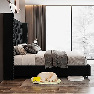 Jocisland King Bed Frame Upholstered Bed Wingback Headboard Velvet Tufted Diamond Button/No Box Spring Needed/Easy Assembly/Black