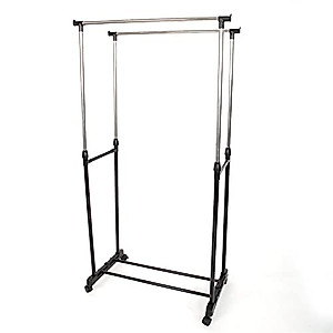 WECNEK Dual-bar Vertical & Horizontal Stretching Stand Clothes Rack with Shoe Shelf YJ-03 Black & Silver