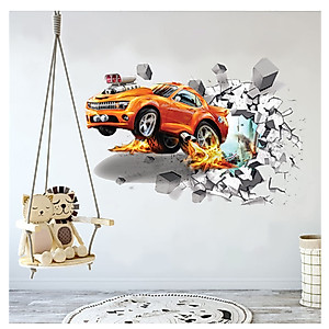 Dynamic Car Wall Stickers, Breaking Wall Creative 3D Wall Decals, Self Adhesive Removable, Art Decal Mural Wall Decor, Kids Boy Room Bedroom Playroom Wall Decoration（19.6'' × 27.5''） (car2)
