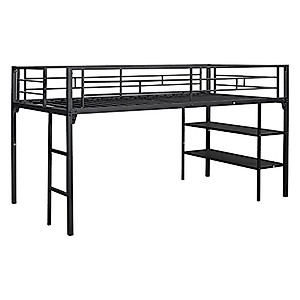 Lostcat Twin Size Metal Loft Bed and Storage Shelves,Heavy Duty Metal Loft Bed w/Full Length Guardrails and Ladder,No Box Spring Needed,Suitable for Kids,Teens,Adults,Black