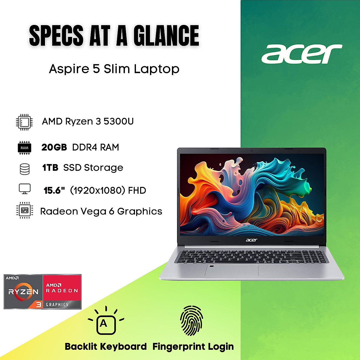 acer Aspire 5 Laptop, AMD Ryzen 3 5300U Quad-Core Processor, 15.6" FHD IPS Display, 20 GB DDR4 RAM, 1 TB PCIe SSD, HDMI, Fingerprint, Wi-Fi 6, Backlit Keyboard, Windows 11 Home S Mode