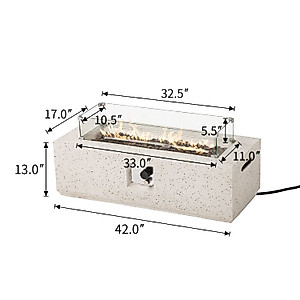 COSIEST Outdoor Propane Fire Pit Coffee Table, 42-inch x 13-inch Terrazzo Rectangle Base Patio Heater w 50,000 BTU Stainless Steel Burner, Wind Guard, Free Lava Rocks and Rain Cover