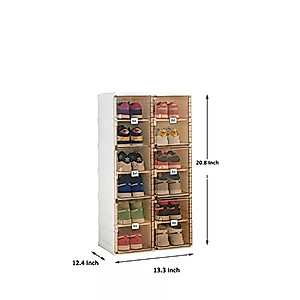 Foldable Shoe Rack Cabinet Organizer with Pocket and Storage, Portable Shoe Rack for Entry Way, Shoe Boxes, Fast Easy Assemble Shoe Cabinet, One Piece Sturdy Plastic Shelf, Clear Brown Doors, 6 Tiers