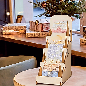 DoubleFill 4 Tier 4 Shelves Greeting Card Display Stand Sticker Display Stand Wood Portable Card Display Rack Multipurpose Greeting Card Holder Wooden Sticker Display Stand for Cards Stickers Photos