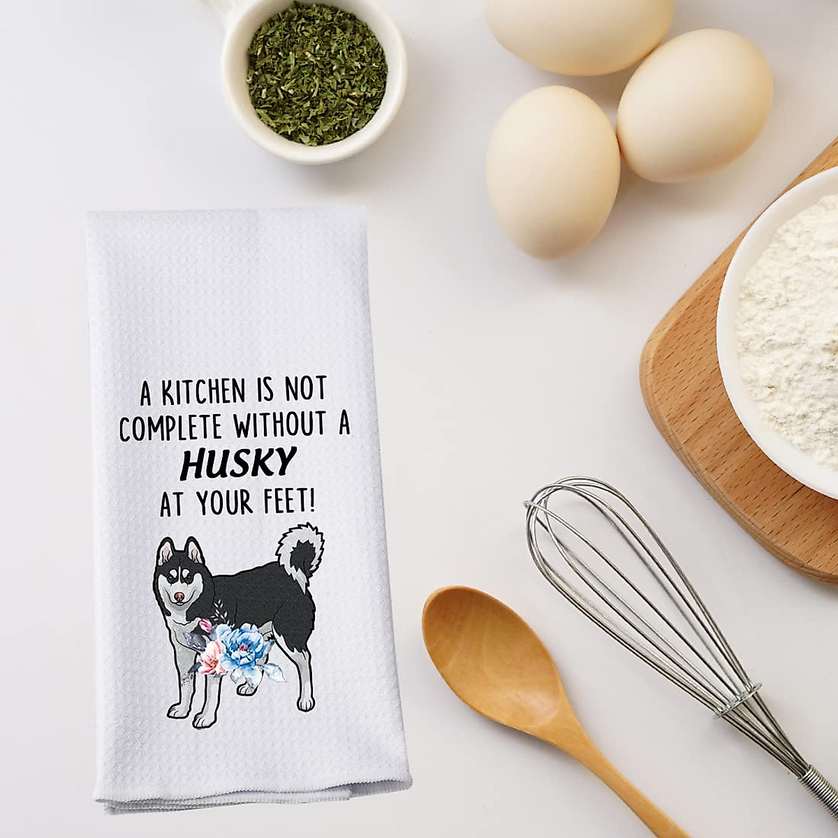 PWHAOO Funny Husky Dog Towel A Kitchen is Not Complete Without A Husky at Your Feet Kitchen Towel Dog Lover Kitchen Towel Gift (Without A Husky T)