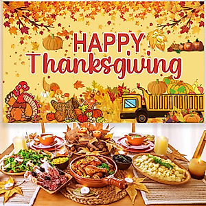Famoby HAPPY Thanksgiving Fabric Sign Poster Banner Backdrop and Pumpkin Turkey maple leaf Pattern for Thanksgiving Day Photo Booth Background Party Decoration