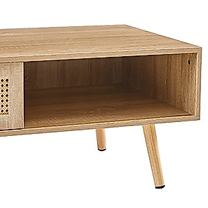 Rattan Coffee Table, Sliding Door for Storage, Solid Wood Legs, Modern Table for Living Room (Natural)