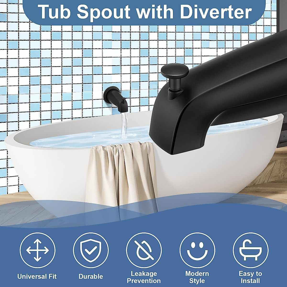 Enhon Tub Spout with Diverter, Universal Fits 1/2'' Copper Pipe, 1/2'' IPS and 3/4'' IPS, Bathroom Bathtub Tub Faucet Replacement with Adapters (Matte Black)