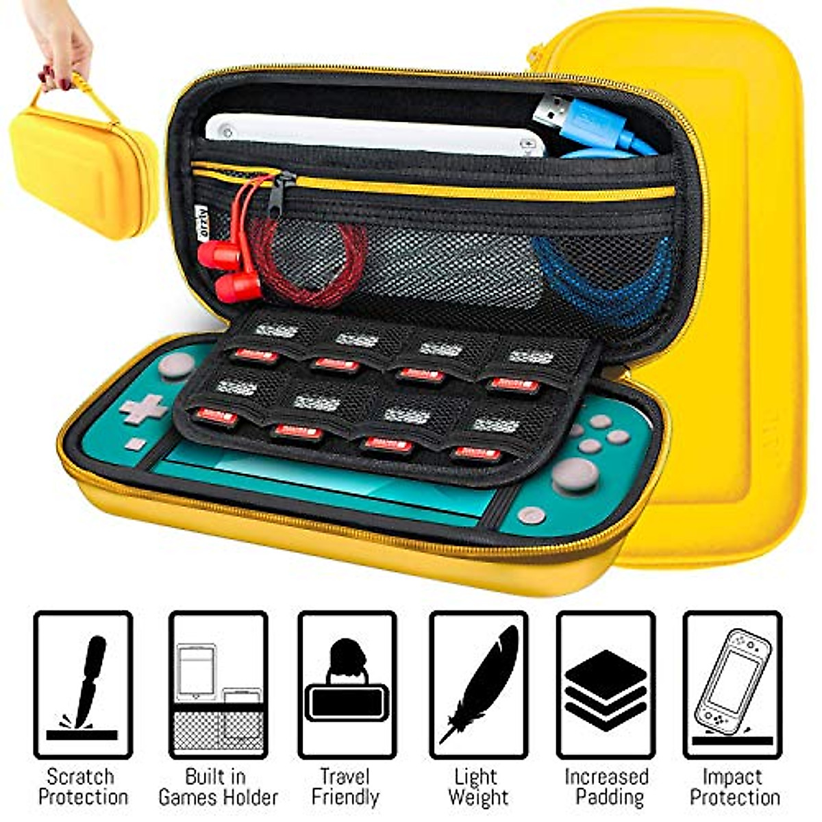 Orzly Switch Lite Accessories Bundle - Case & Screen Protector for Nintendo Switch Lite Console, USB Cable, Games Holder, Comfort Grip Case, Headphones, Thumb-Grip Pack & more (Orzly Gift Pack Yellow)