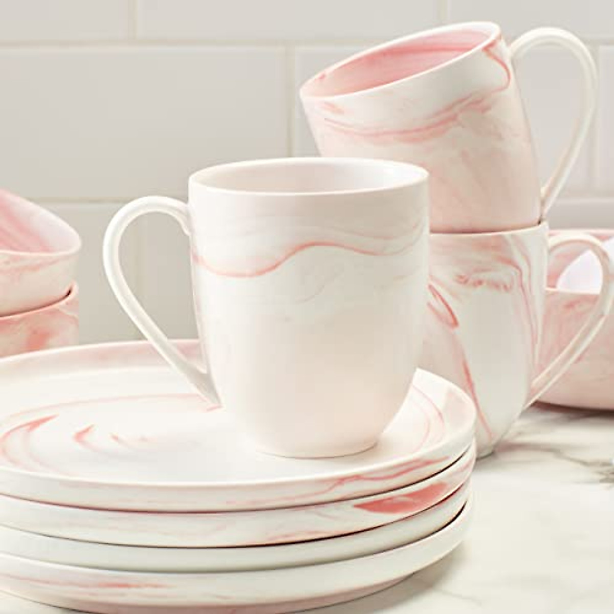 Stone Lain Marble Porcelain Dinnerware Set, 16 Piece Service for 4, Matte Pink