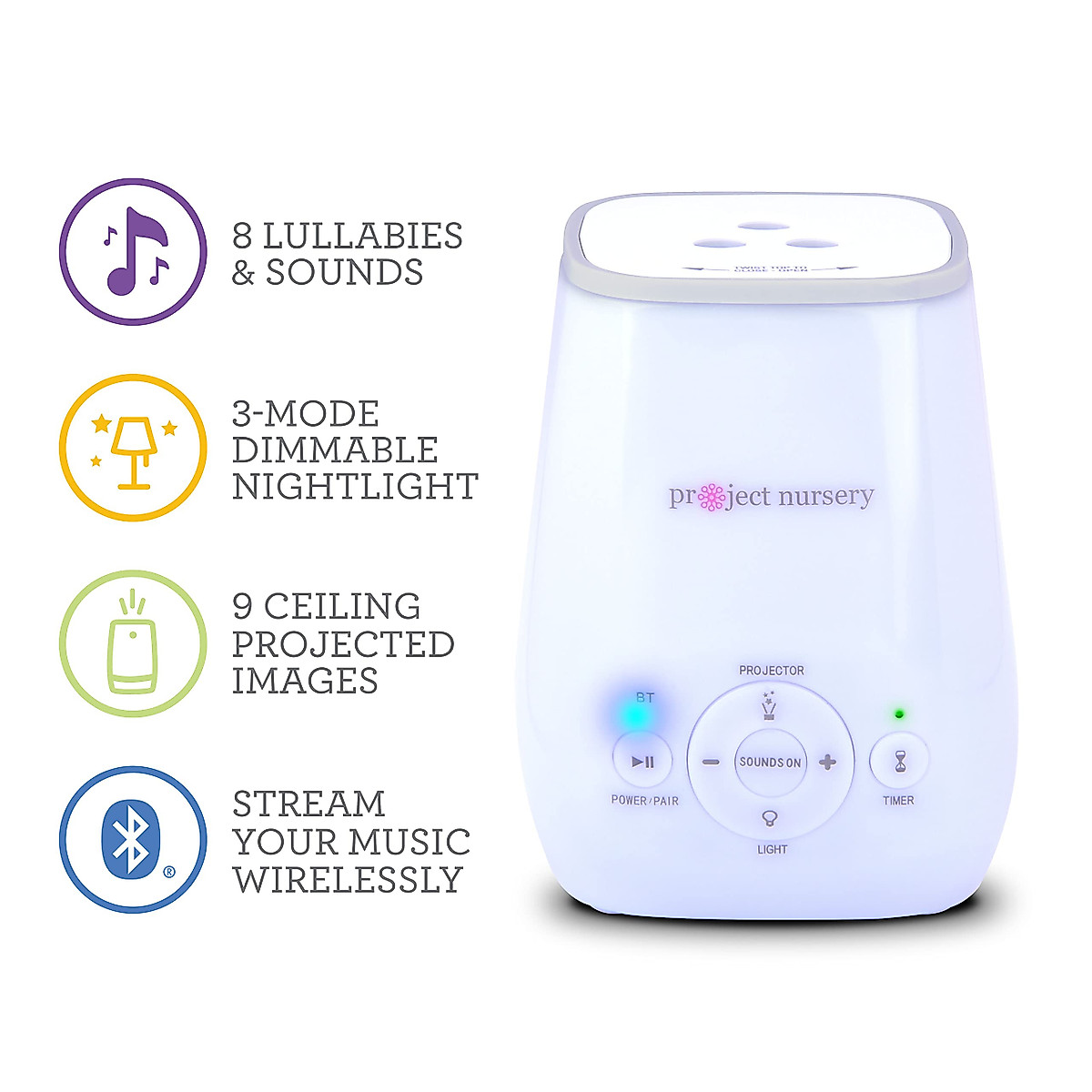 Project Nursery 5-in-1 Sound Soother - Bluetooth Speaker, Sound Soother, Projector, Nightlight and Sleep Timer for Babies, Toddlers and Kids