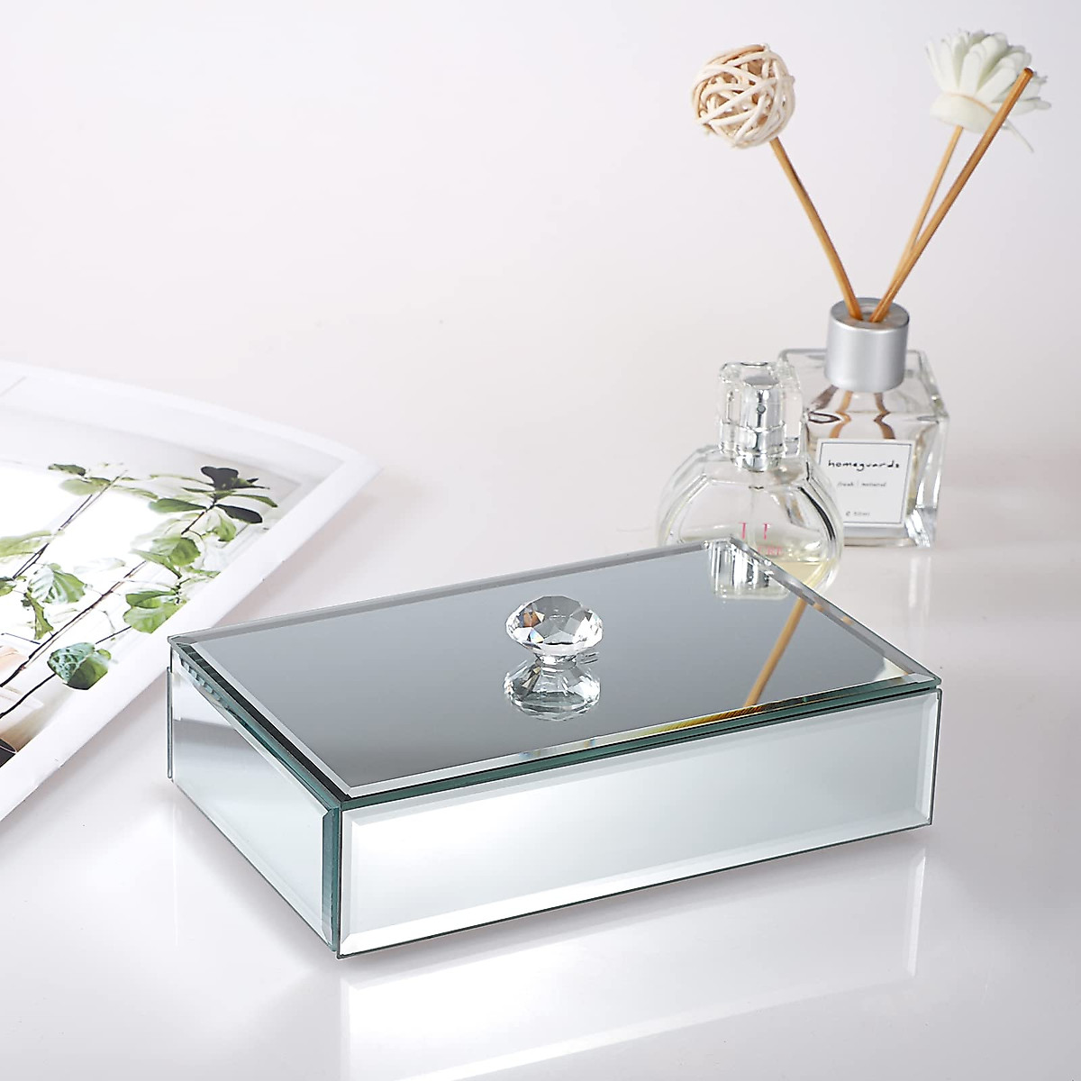 Hipiwe Jewelry Box with Glass Mirror Surface Crystal Handle, Trinket Storage Box Rings Holder Earrings Necklace Bracelet Organizer,Treasure Chest Case Keepsake Box Gift for Women Girls (Small, Silver)