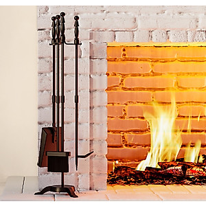 Fire Beauty Fireplace Tools Set 4 Pieces Black Wrought Iron Fire Tool Set for Outdoor/Indoor Include Poker, Shovel, Brush and Stand Accessories Set