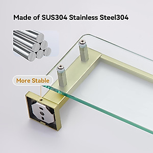 LANC Bathroom Shelves with Towel Bar 20 Inch Gold Floating Tempered Glass Shelf with Towel Rails for Shower Bath Kitchen Storage Rack Wall Mounted Rustproof Stainless Steel Brushed Gold，A7615BG