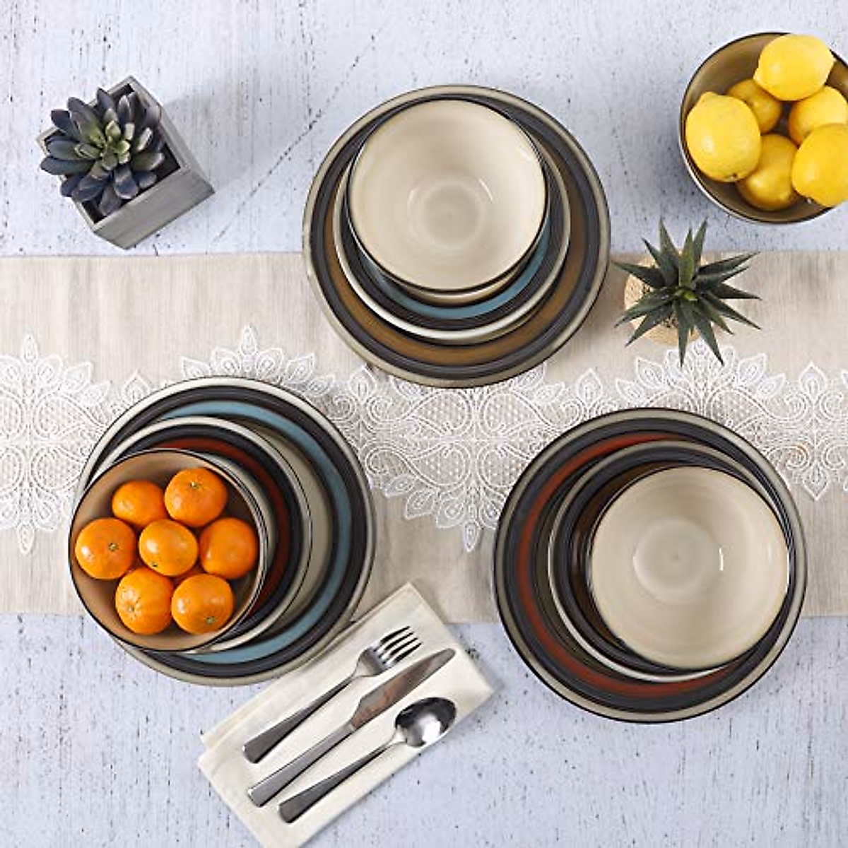 Gibson Elite 116870.12R Everston 12 Piece Reactive Glaze Dinnerware Set, Teal and Cream