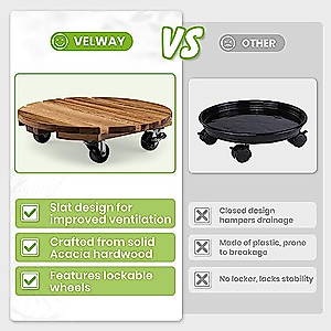 Velway 2Pack Plant Caddy Stand with Wheels: 12" Round Rolling Plant Stand with 360° Lockable Casters - Heavy-Duty 220lbs Acacia Wood Plant Dolly for Indoor Outdoor Patio Flower Pot