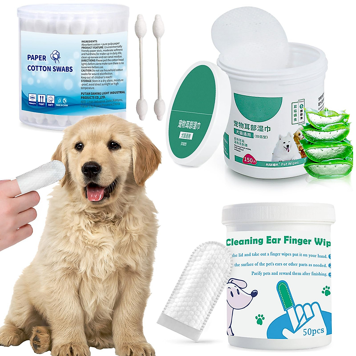 Qiveaory Pet Ear Wipes Kit Cat and Dog Ear Cleaner Wipes Multipurpose Grooming 50Pcs Finger Wipes+150Pcs Cleansing Pads+56Pcs Gourd Shaped Cotton Swabs Odor Control Reduce Dirt and Itch Relief