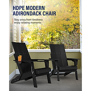 POWERWOOD Modern Adirondack Chairs Set of 4, Oversized HDPE Folding Adirondack Chairs with Cup Holder, Plastic Outdoor Chair, Fire Pit Chairs (Black)