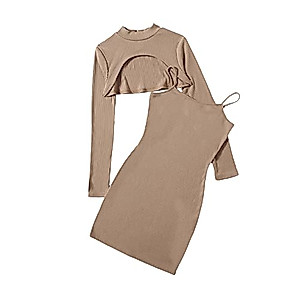 Floerns Girl's 2 Piece Outfit Letter Print Cami Bodycon Dress with Long Sleeve Top Camel 8-9Y