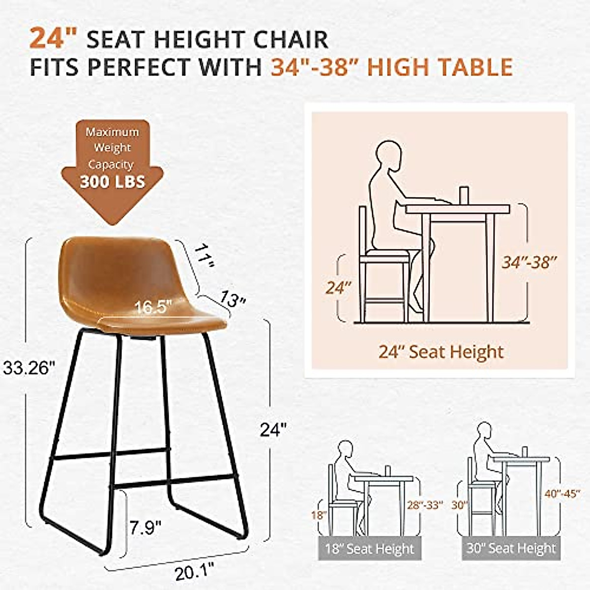 Alexander Indoor/Outdoor Industrial Faux Leather Bar Stools Set of 4,Urban Armless Dining Chairs With Metal Legs, Modern Counter Height Barstools For High Table Home office Kitchen Island Chair 24"