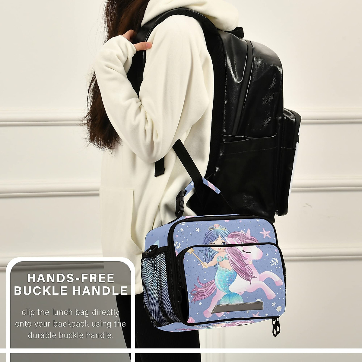 ZOEO Girls Mermaid Unicorn Lunch Box Blue Magic Horse Prep Kids Cooler Insulated Lunch Bag Tote Freezable Shoulder Strap Waterproof Picnic Meal for School Office