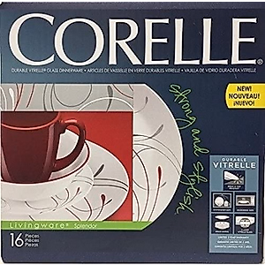 Corelle "Splendor Chip and Break Resistant Dinner Set, Glass, Red/Grey, Set of 16