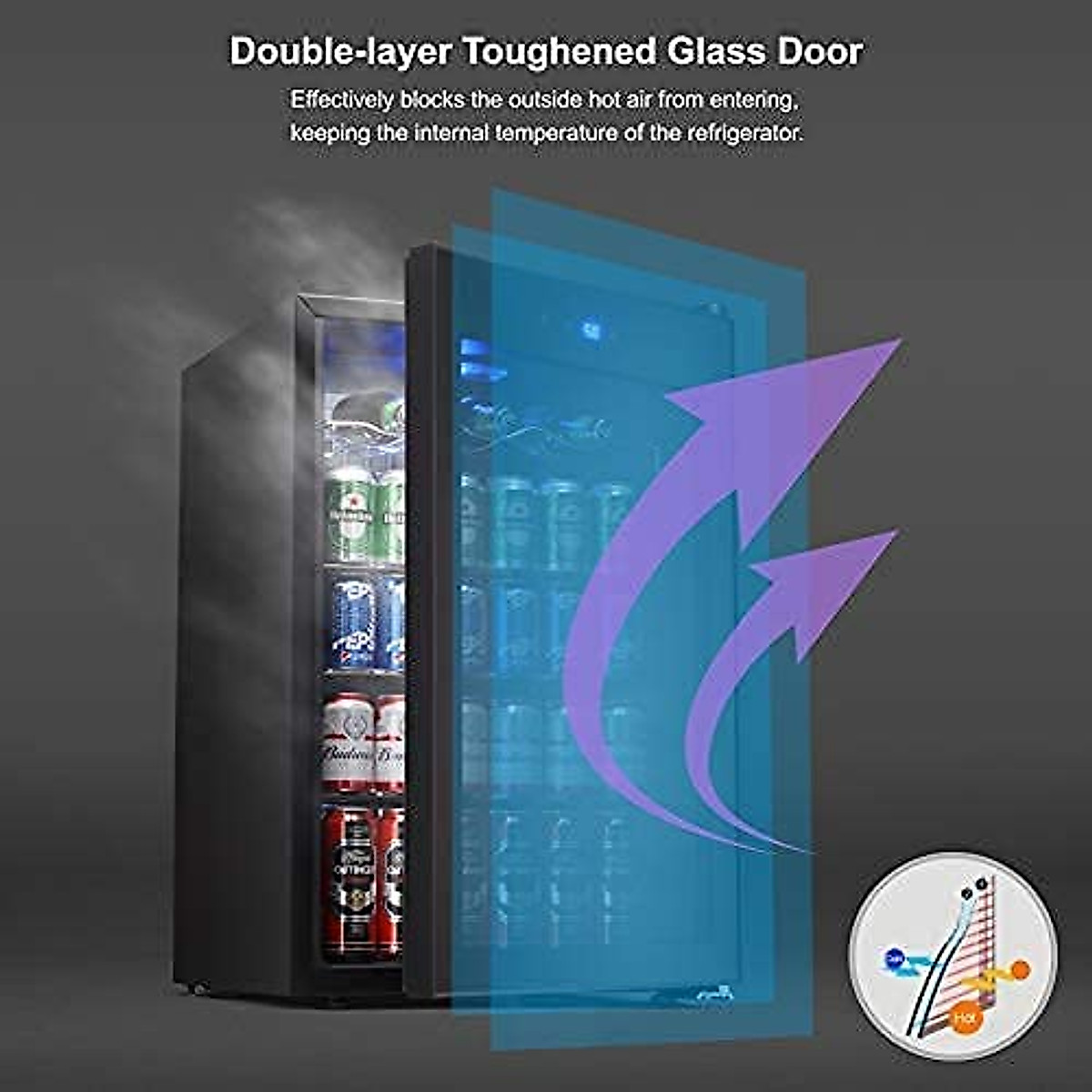 Joy Pebble Mini Fridge Beverage Cooler - 128 Can mini fridge with glass door for Soda Beer or Wine -Drink Dispenser Small Refrigerator with Adjustable Thermostat for Office bedroom Home (4.4 cu.ft)