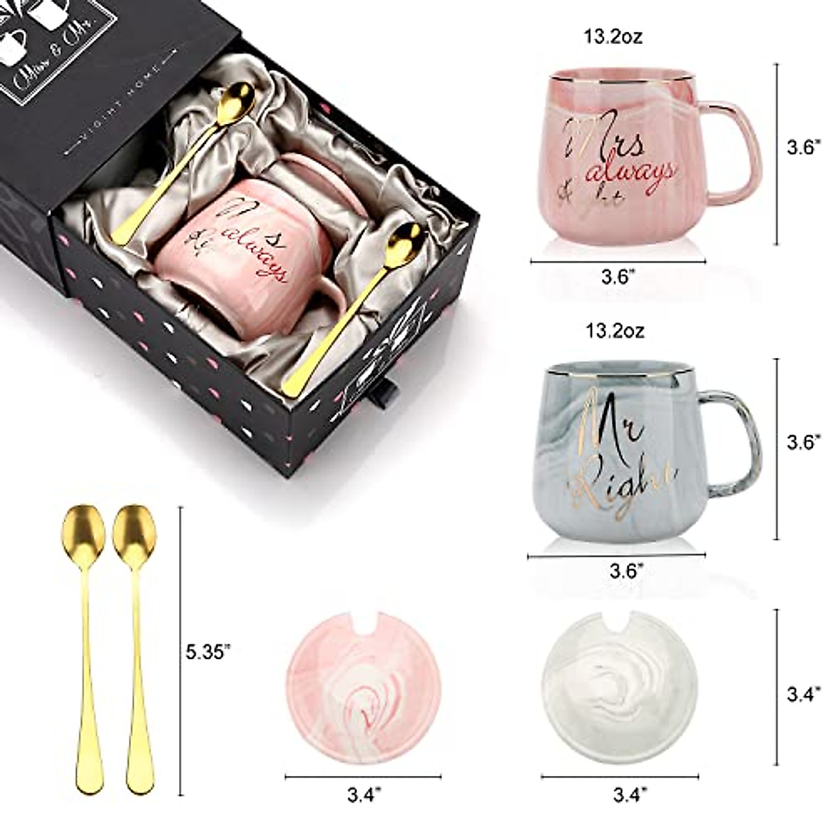 Mr Right Mrs Always Right Couple Coffee Mugs Cups - Bridal Shower Wedding Anniversary Valentine's Day Gift - Bride and Groom Newlyweds Married Couples Ceramic Marble Couple Cups Mugs Set (13.2 oz )