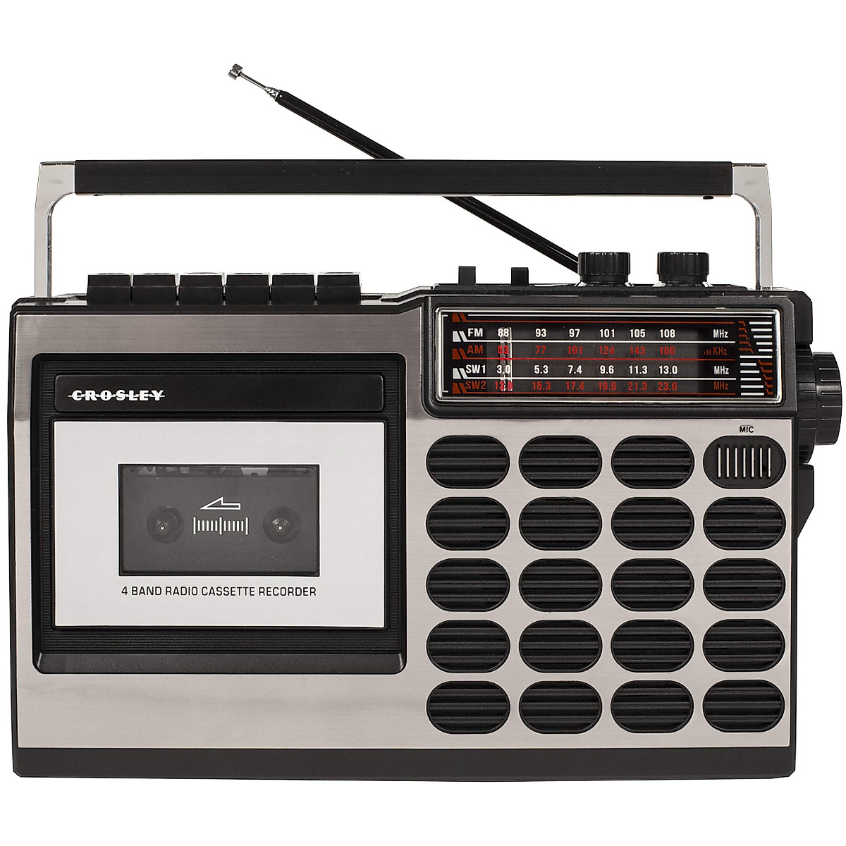Crosley CT100B-SI Retro Portable Cassette Player with Bluetooth, AM/FM Radio, and Built-in Microphone, Silver