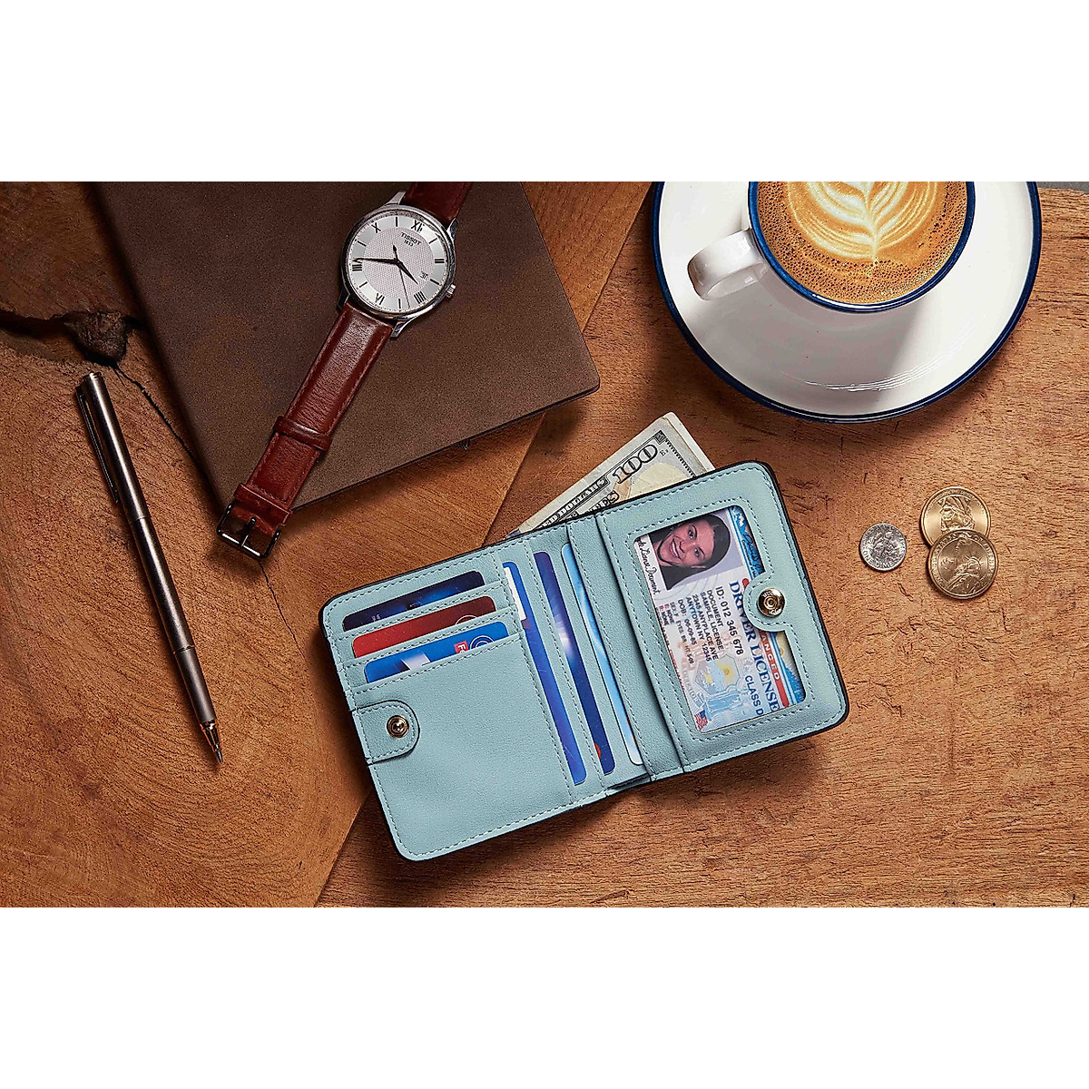 Gostwo Small Wallet for Women, Slim RFID Blocking Wallet, Credit Card Holder Wallet, Compact Bifold Luxury Genuine Leather Pocket Passport Wallet Ladies Girls Mini Purse Travel with ID Window, Blue