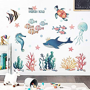 Amaonm Giant Removable 3D DIY Under The Sea World Wall Decals Ocean Animals Wall Stickers Ocean Fish Seahorse Coral Turtle Wall Decor for Girls Bedroom Kids Bathroom Home Walls Living Room Decoration