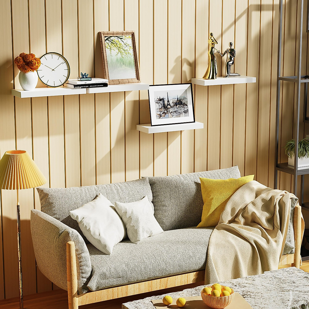 Bellsal Floating Shelves for Wall, White Engineered Wood Wall Shelf Set of 4, 16" Wall Mounted Floating Shelf for Kitchen, Living Room, Bedroom, Bathroom Storage, Book Shelf for Wall Home Decor