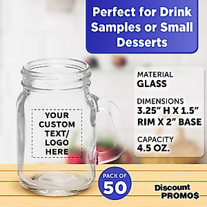 Custom Mason Jar with Handle Set 4.5 oz. Set of 50, Personalized Bulk Pack - Sampler Glasses, Glass Jars for Overnight Oats, Candies, Fruits, Pickles, Spices, Beverages - Clear