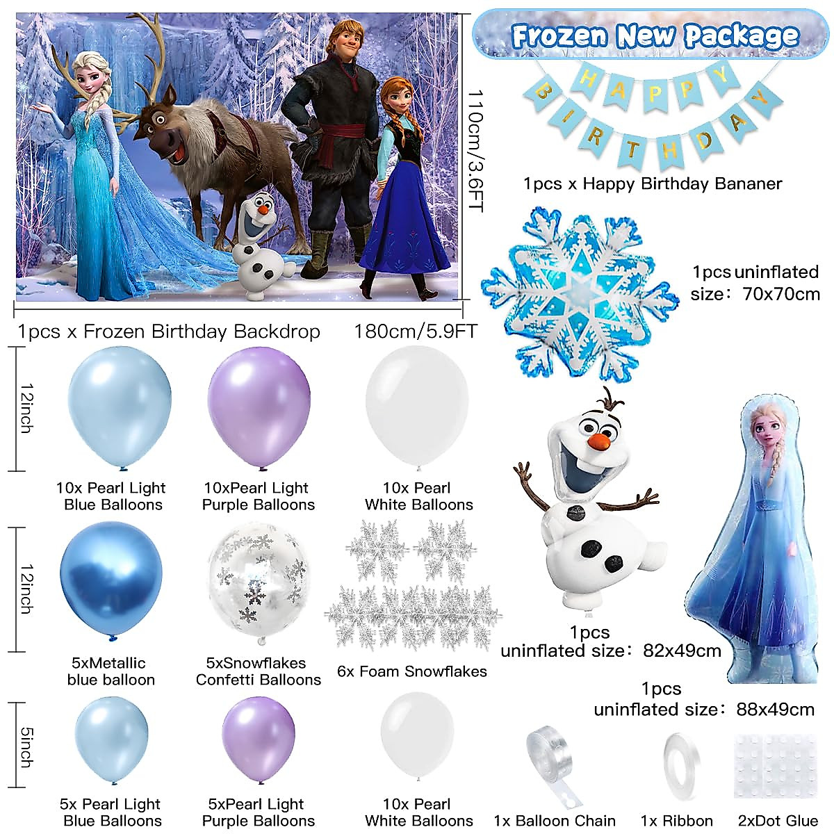 Frozen Birthday Decorations, Frozen Birthday Party Supplies Balloons Party Decoration, Princess Happy Birthday Decoration with Frozen Backdrop Confetti Balloons Frozen Banner Frozen Balloons for Girl