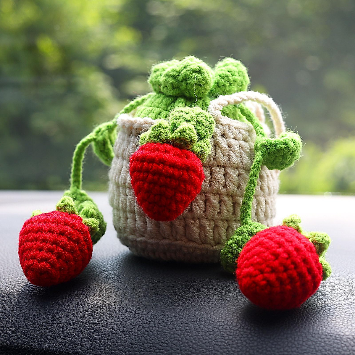 Cute Car Mirror Hanging Ornament - Decorative Rearview Mirror Accessories for Women and Girls - Handmade Knitted Crochet Plant Flower Car Accessories