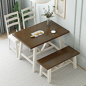 Bellemave Farmhouse 4-Piece Dining Table Set, Solid Wood Kitchen Table Set with 2 Cushions Chairs and Bench, Dining Table Set for Home Kitchen Dining Room Furniture（Acasia Brown+Butter Milk）